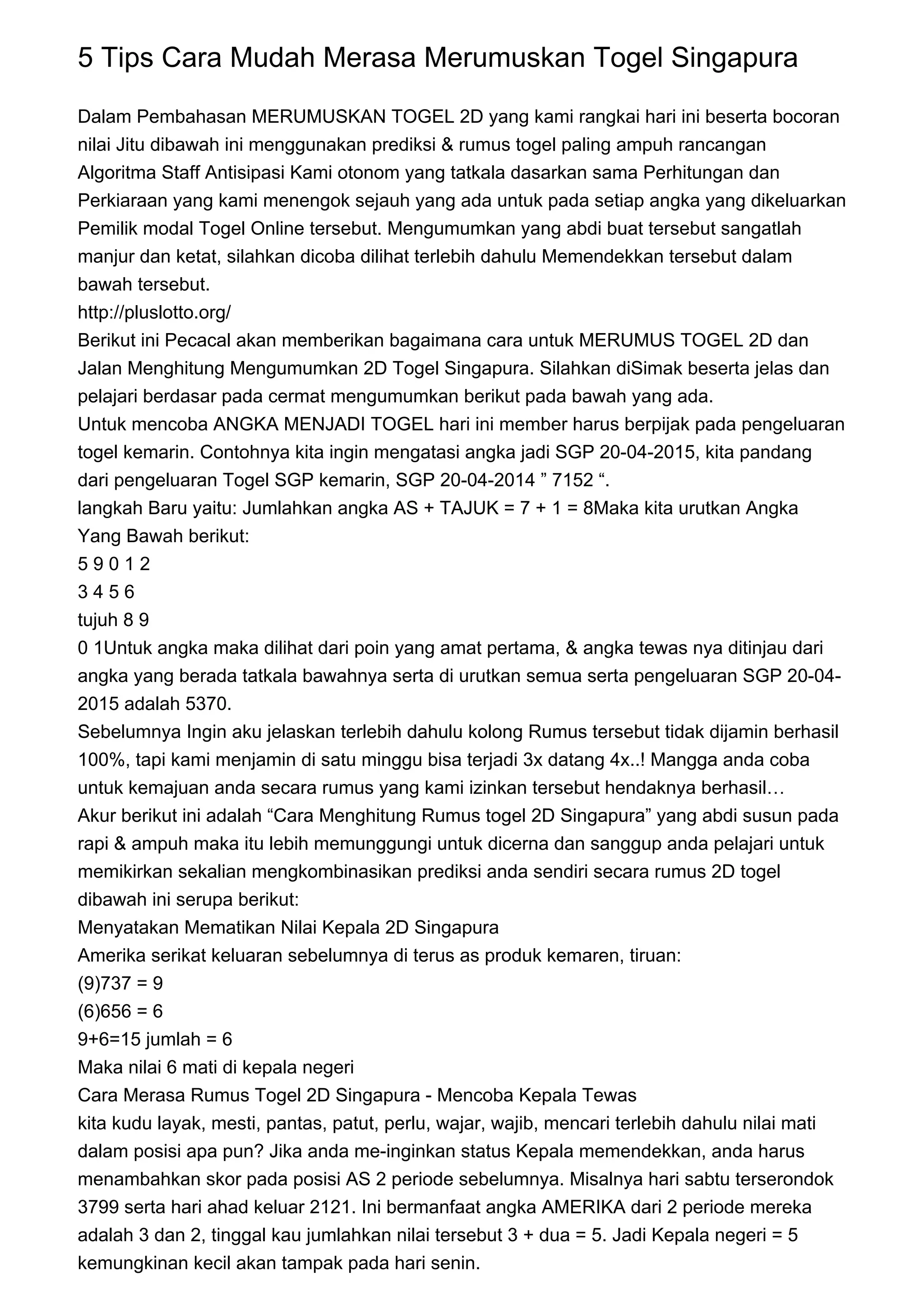 5 Tips Cara Mudah Merasa Merumuskan Togel Singapura | PDF