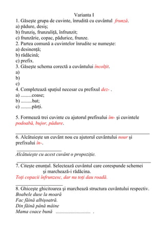 Limba română. structura cuvântului. clasa a 4 a | DOC