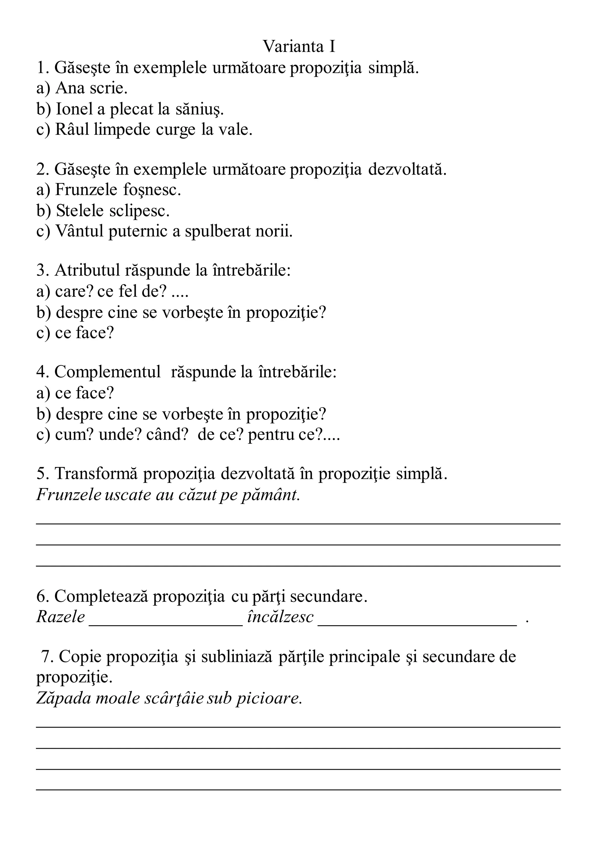 Limba română propoziţia simplă şi dezvoltată.părţile de propoziţie.clasa a 4 a | DOCX