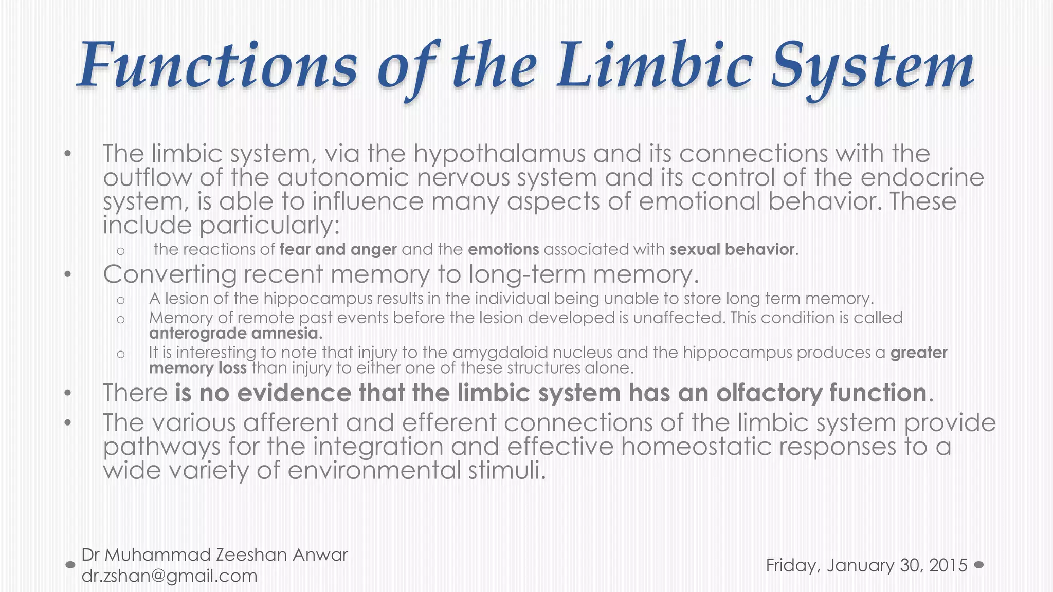Limbic system Neuroanatomy (Dr Muhammad Zeeshan Anwar) | PPTX