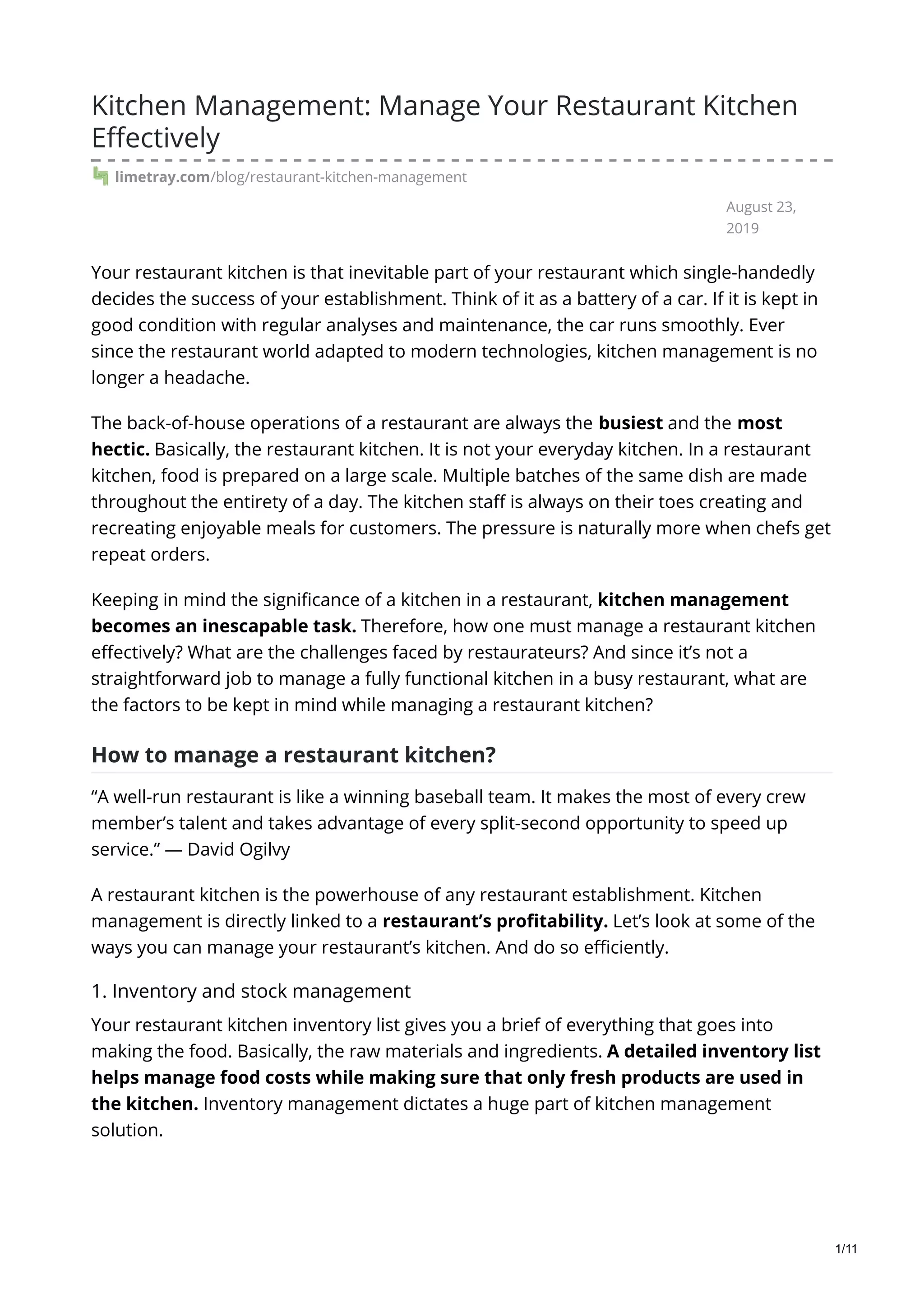 Kitchen Management: Manage Your Restaurant Kitchen Effectively | PDF