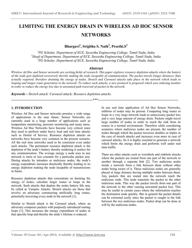 Limiting the energy drain in wireless ad hoc sensor networks | PDF