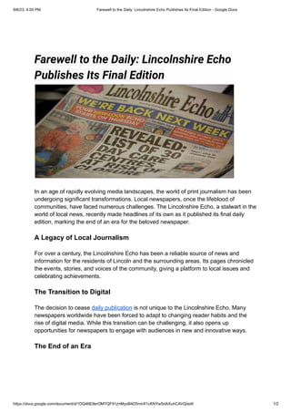 Farewell to the Daily: Lincolnshire Echo Publishes Its Final Edition | PDF