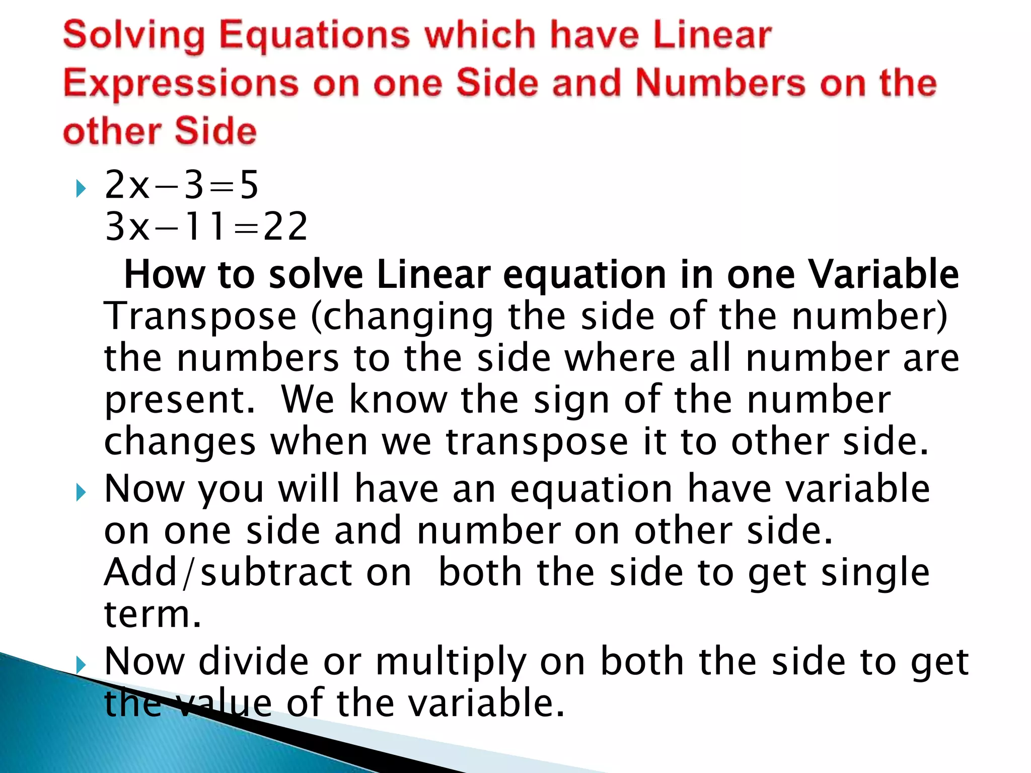 linear equation in one variable class 8.pptx | Physics | Science