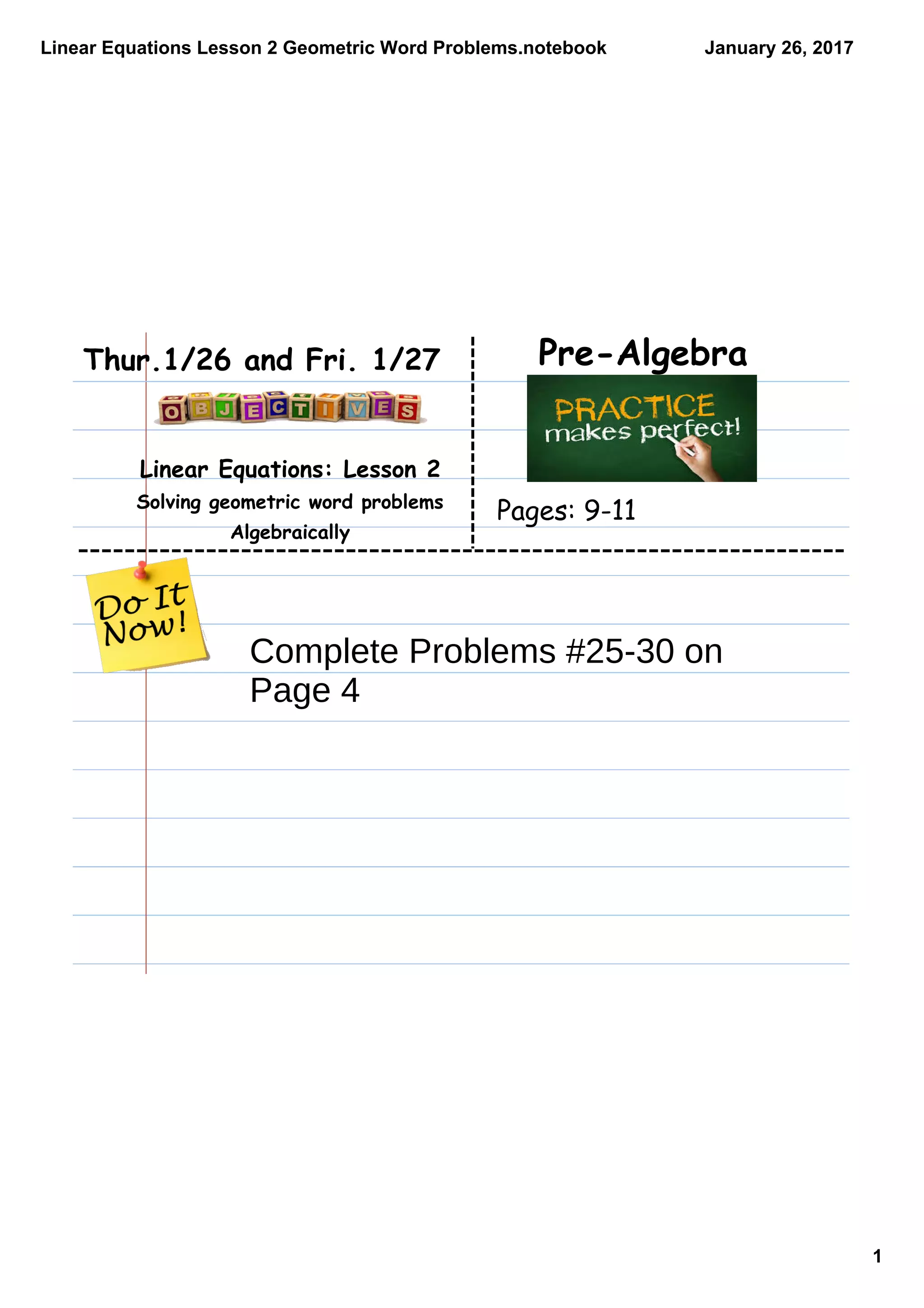 Linear equations lesson 2 geometric word problems | PDF