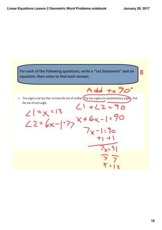 Linear equations lesson 2 geometric word problems | PDF