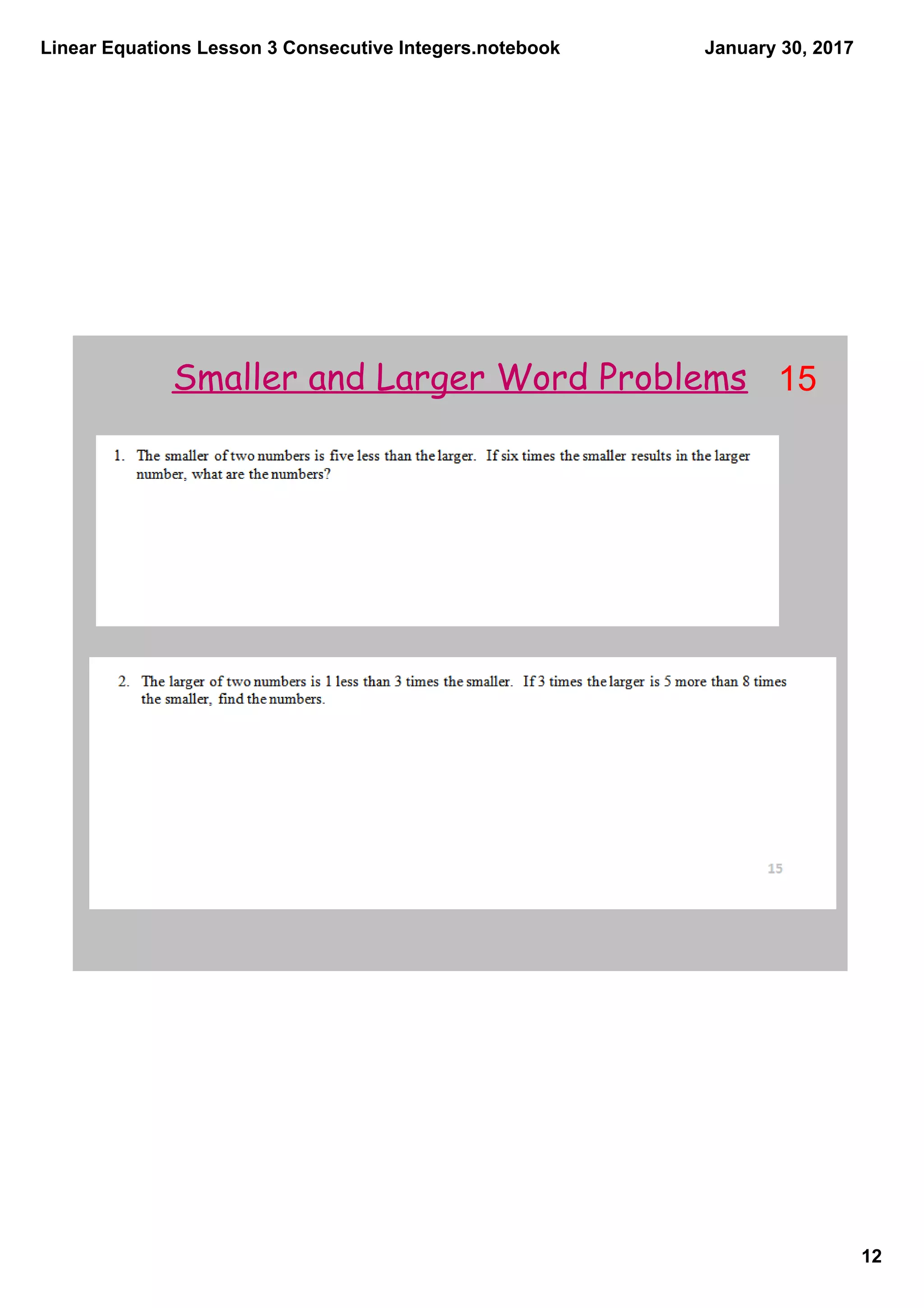 Linear equations lesson 3 consecutive integers | PDF