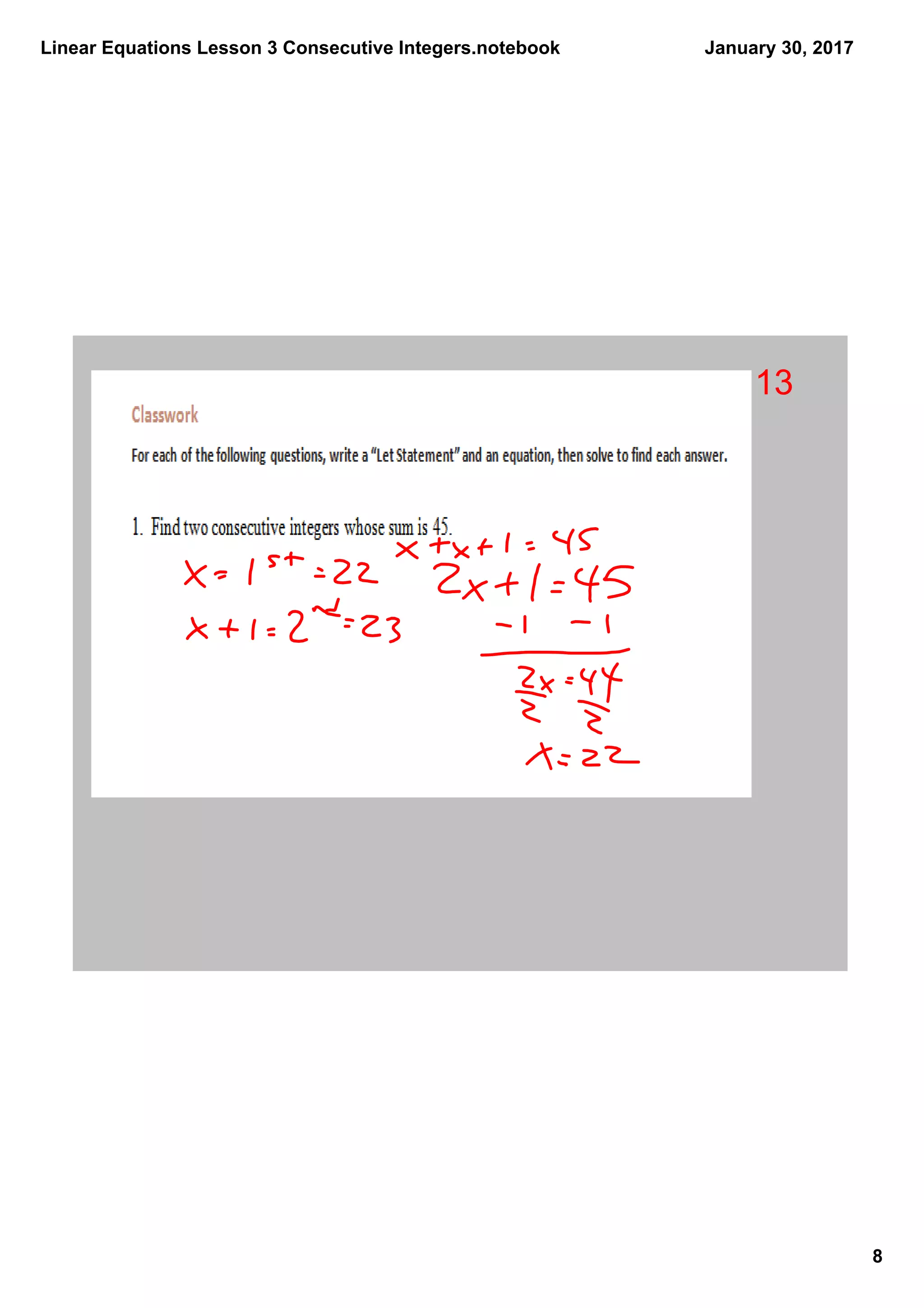 Linear equations lesson 3 consecutive integers | PDF