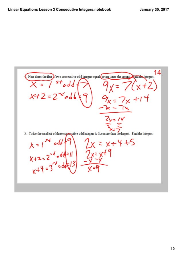 Linear equations lesson 3 consecutive integers | PDF
