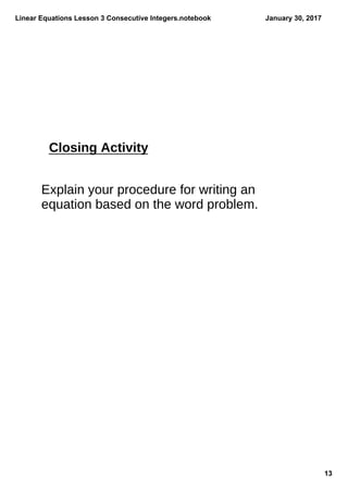 Linear equations lesson 3 consecutive integers | PDF