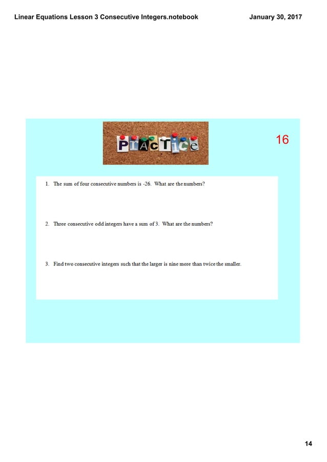 Linear equations lesson 3 consecutive integers | PDF