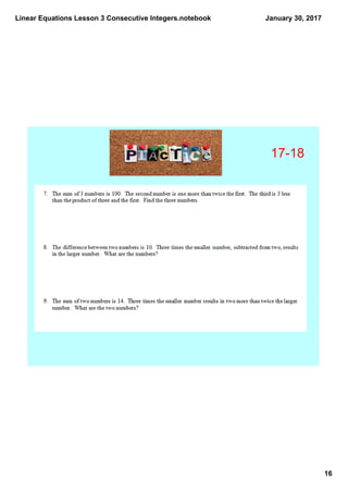 Linear equations lesson 3 consecutive integers | PDF