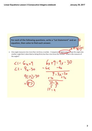 Linear equations lesson 3 consecutive integers | PDF