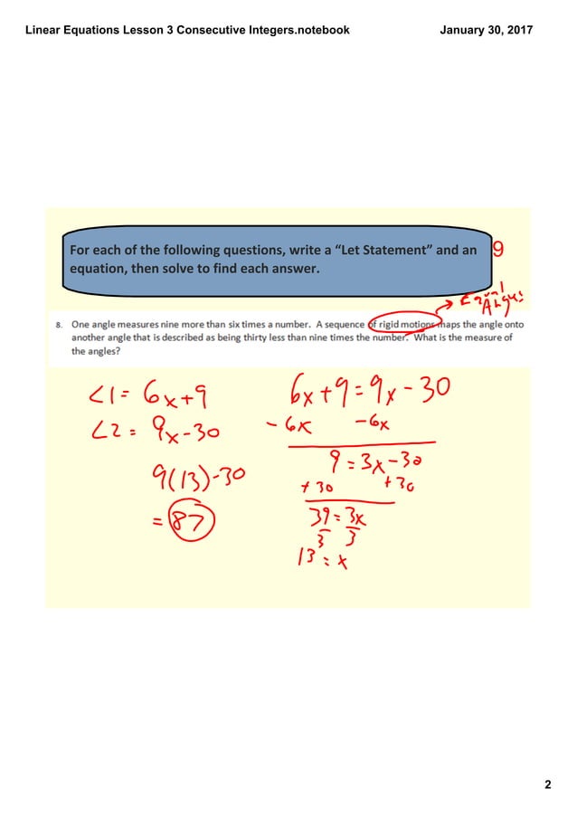 Linear equations lesson 3 consecutive integers | PDF