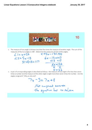 Linear equations lesson 3 consecutive integers | PDF