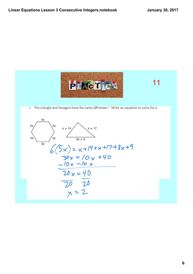 Linear equations lesson 3 consecutive integers | PDF