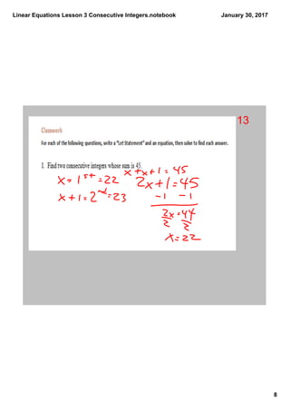 Linear equations lesson 3 consecutive integers | PDF