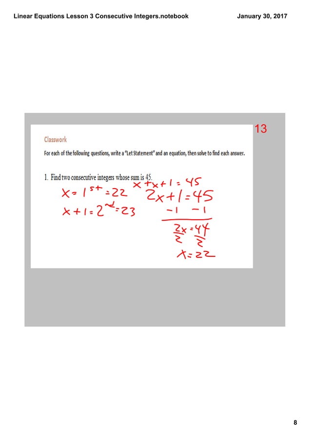 Linear equations lesson 3 consecutive integers | PDF