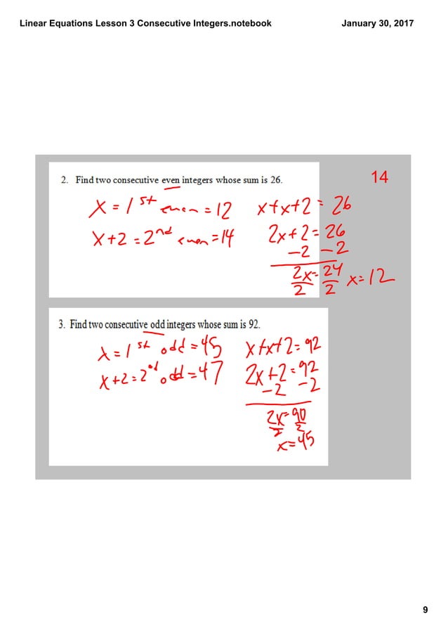 Linear equations lesson 3 consecutive integers | PDF