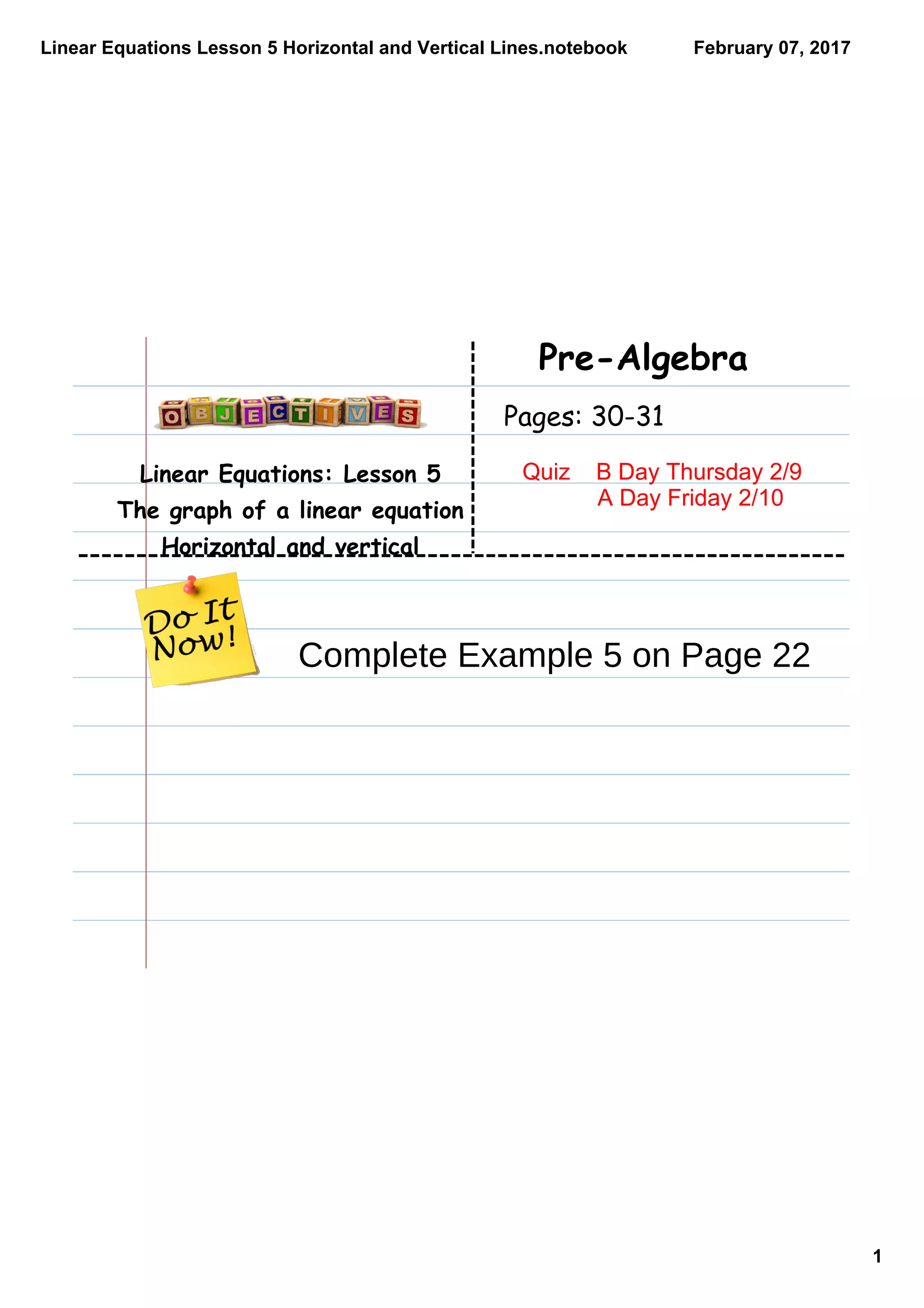 Linear equations lesson 5 horizontal and vertical lines | PDF