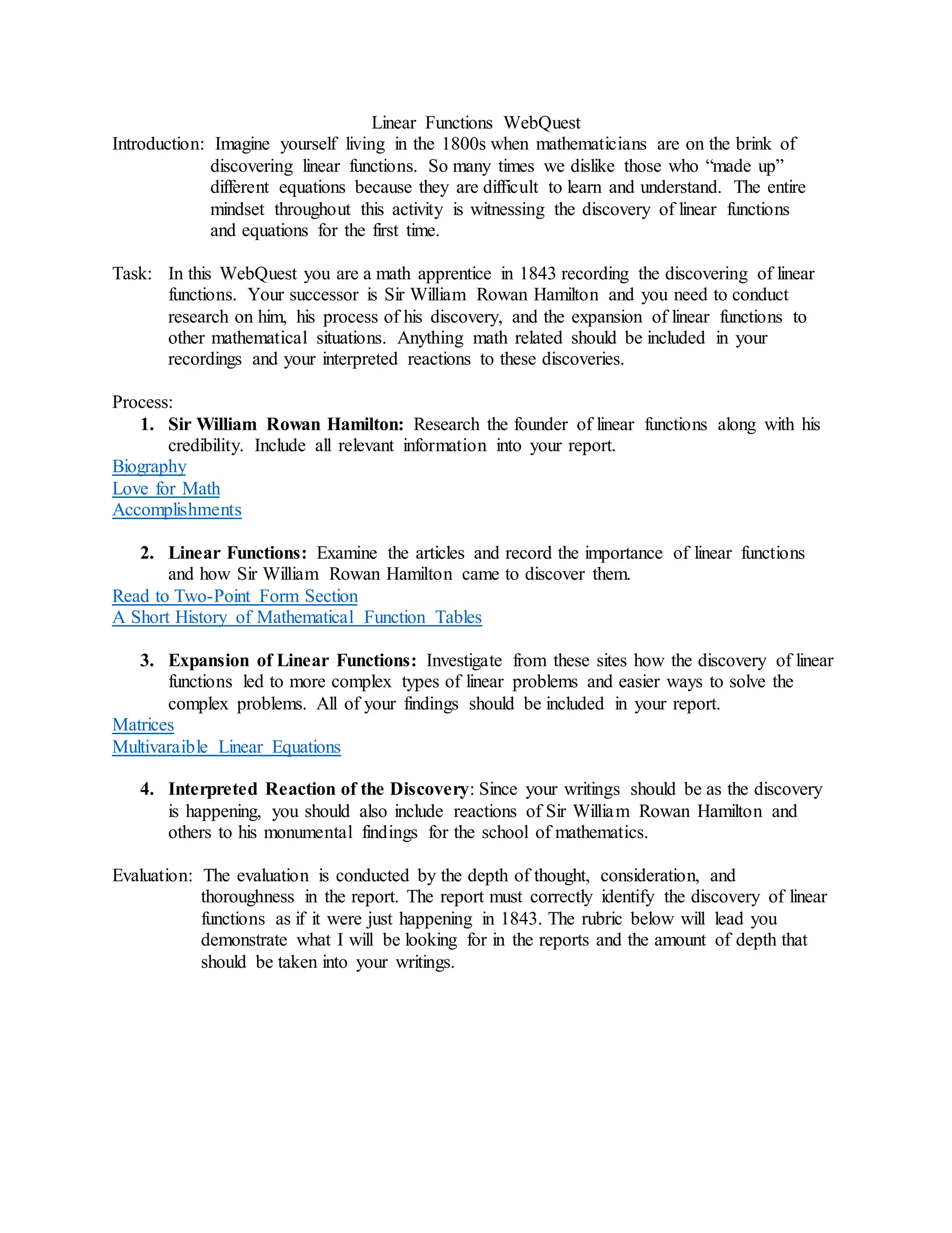 Linear Functions WebQuest | DOCX