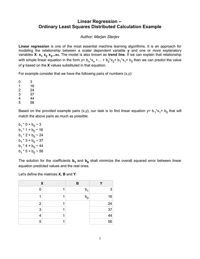 Linear Regression Ordinary Least Squares Distributed Calculation Example | PDF
