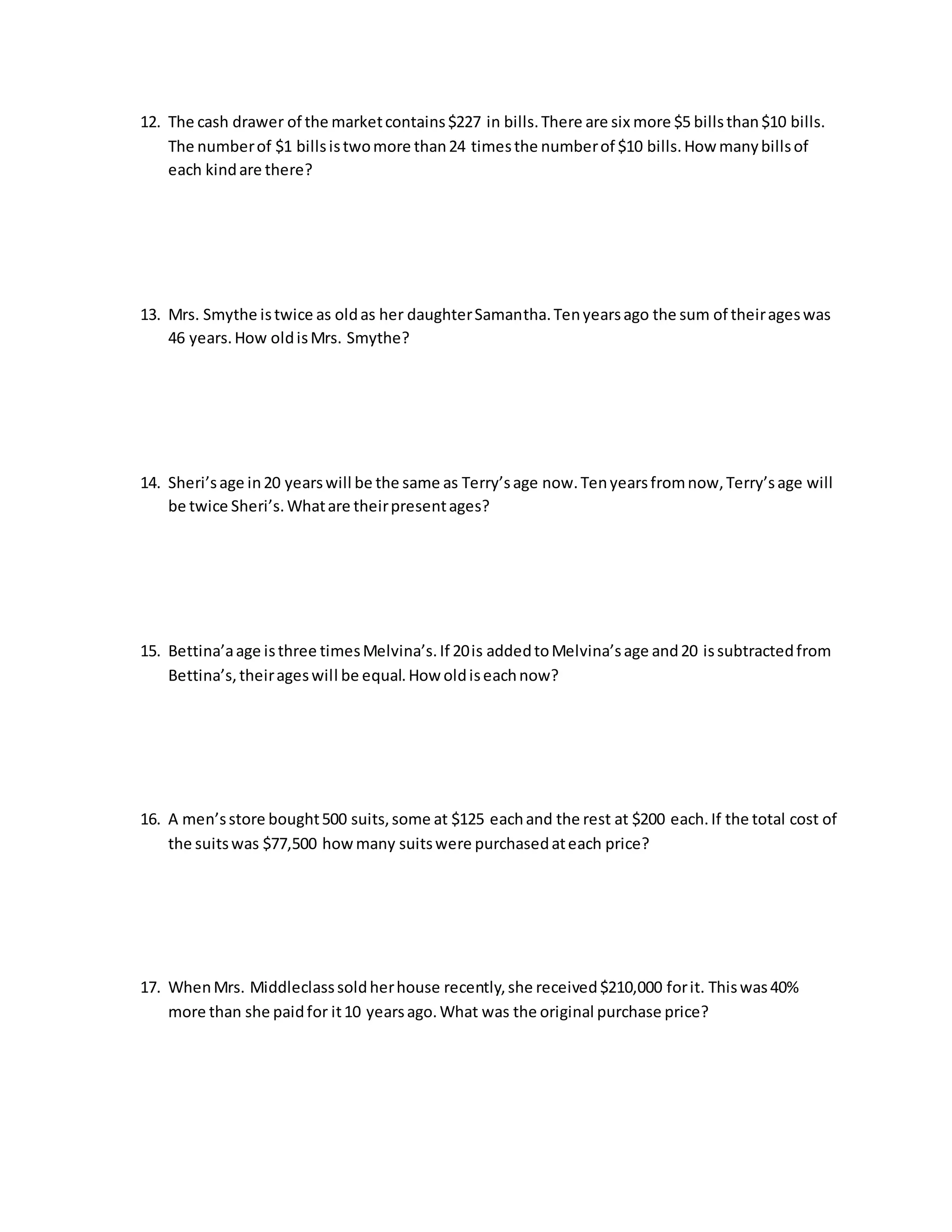 Linear word problem exercises one unknown | DOCX