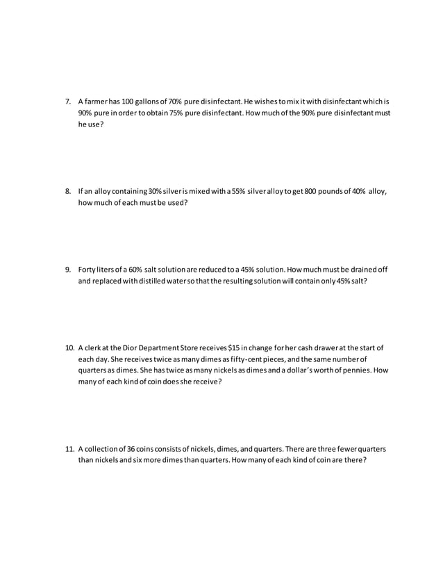 Linear word problem exercises one unknown | DOCX | Stamps and Coins ...