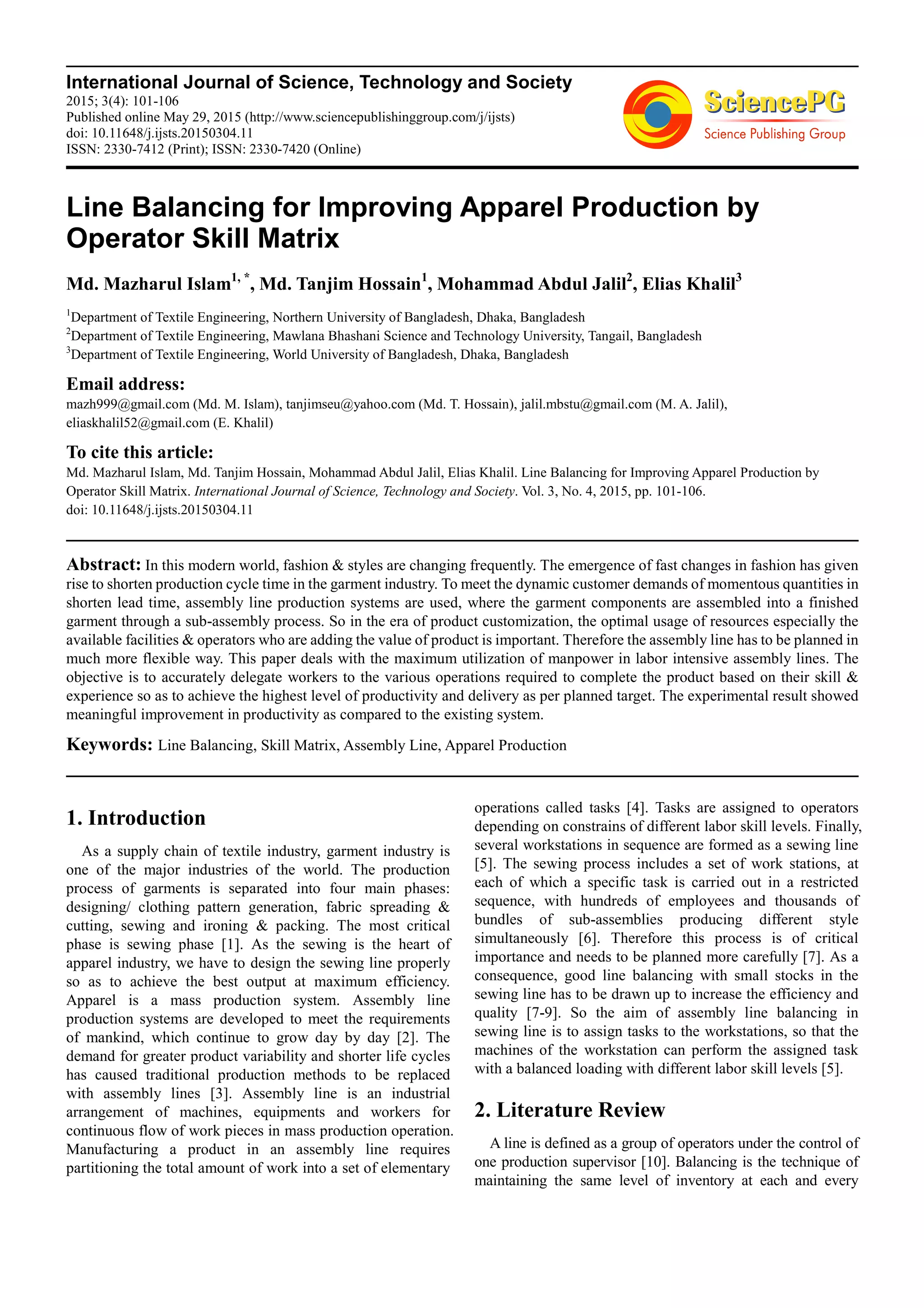 Line Balancing for Improving Apparel Production by Operator Skill ...