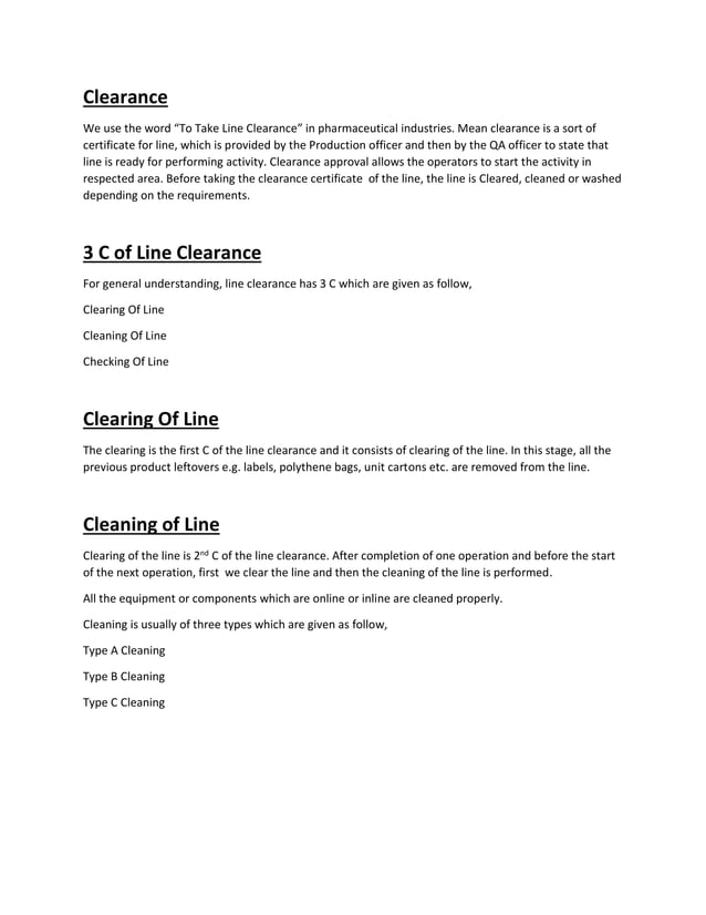 Line Clearance for Pharmaceuticals | PDF | Business | Business and Finance