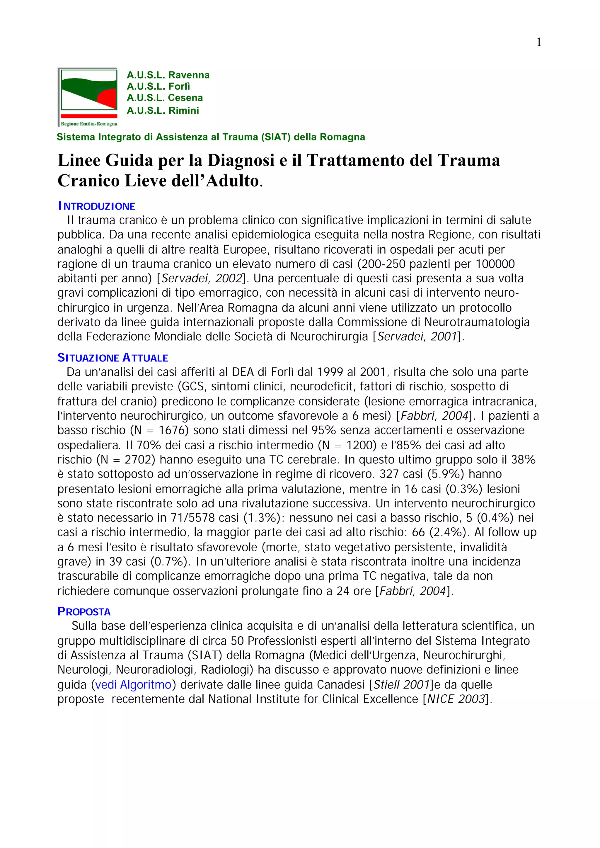 Linee guida per la diagnosi e il trattamento del trauma cranico lieve ...