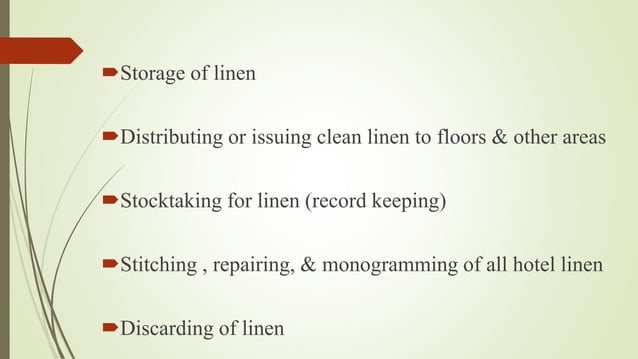 Linen room operations lec 1 | PPTX | Hotel Properties | Real Estate