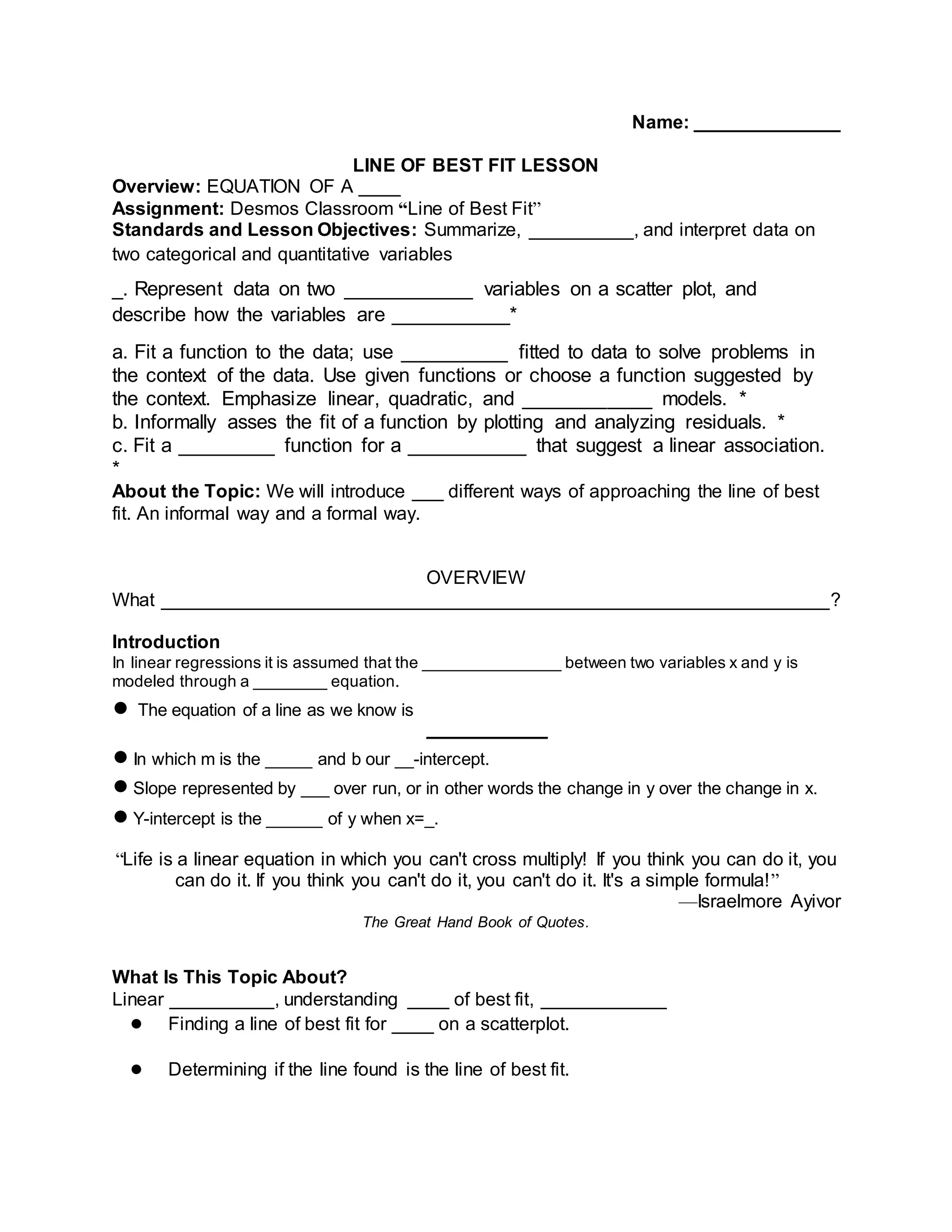 Line of best fit lesson guided notes | DOCX