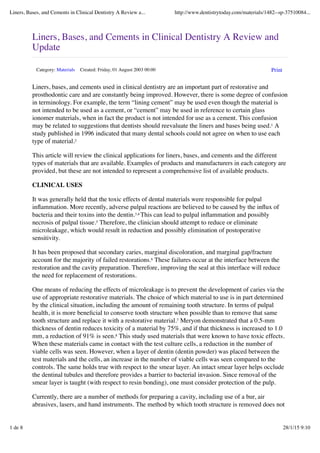 Liners, bases, and cements in clinical dentistry a review and update | PDF