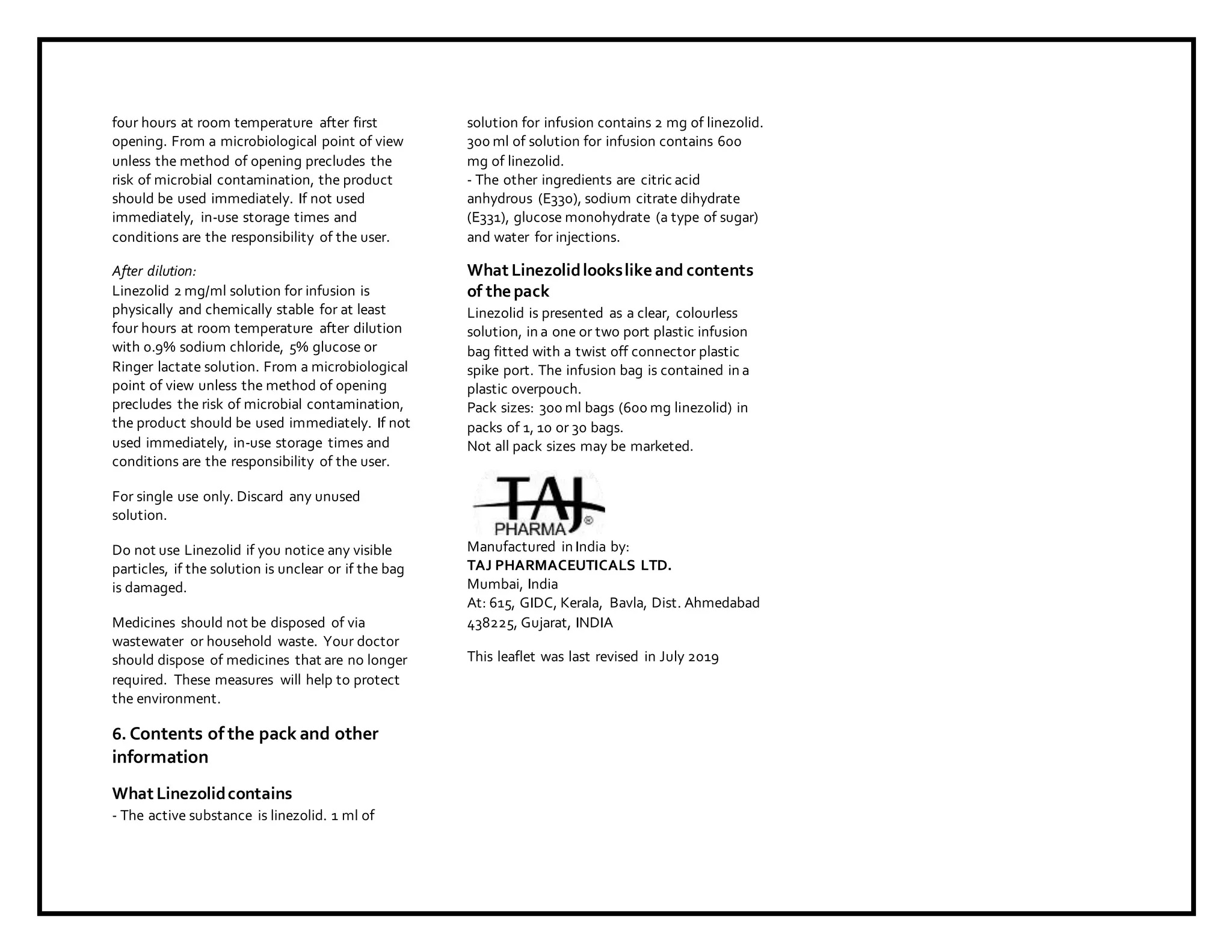 Linezolid 2mg Per Ml Solution For Infusion Pil Taj Pharmaceuticals DOCX