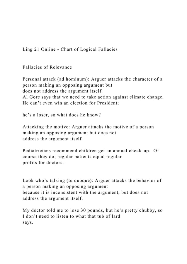 Ling 21 Online - Chart of Logical Fallacies Fallacies o.docx | Personal Taxes | Personal Finance