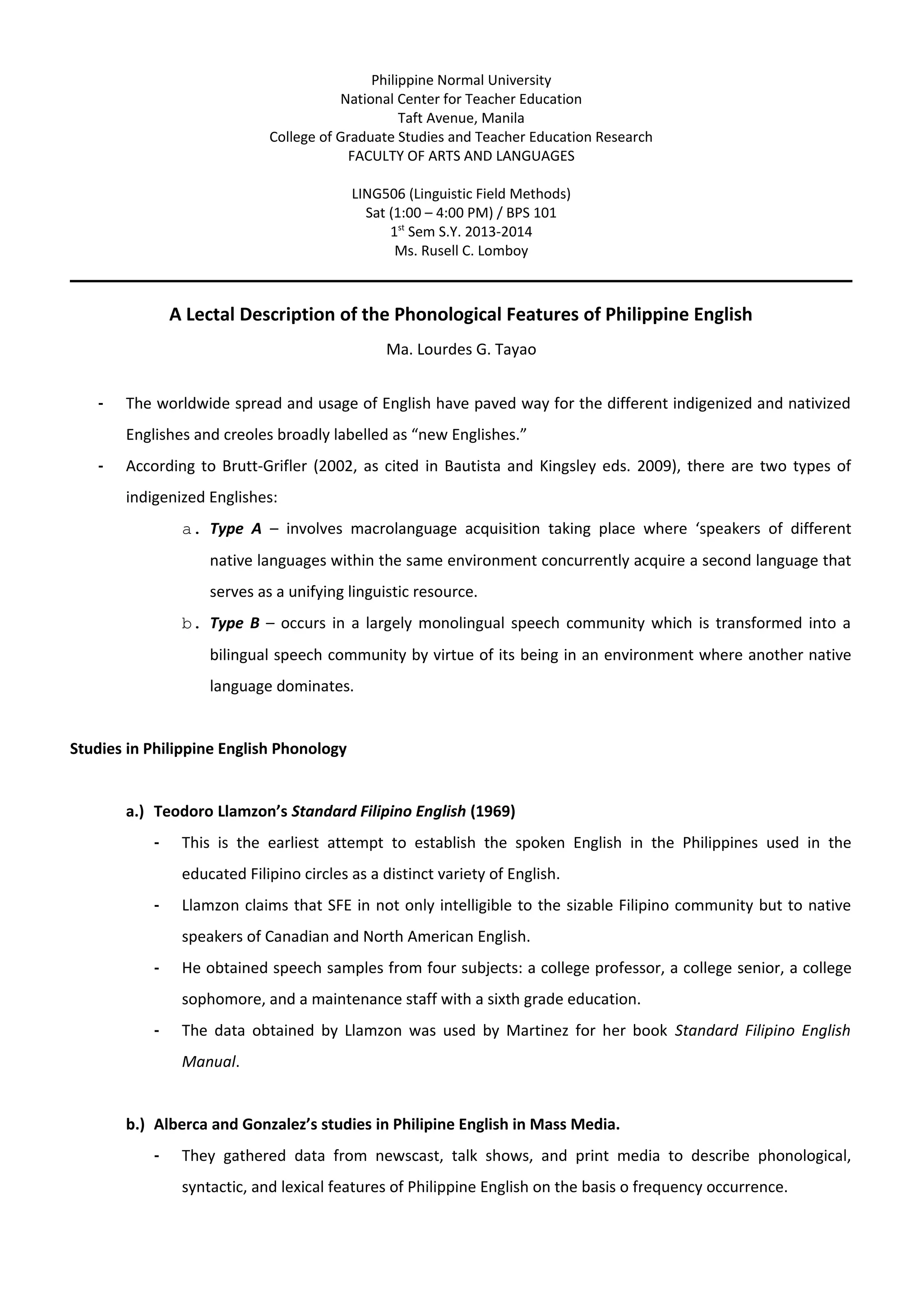 Ling 505 tayao's lectal description of phil eng (presentation) | DOC