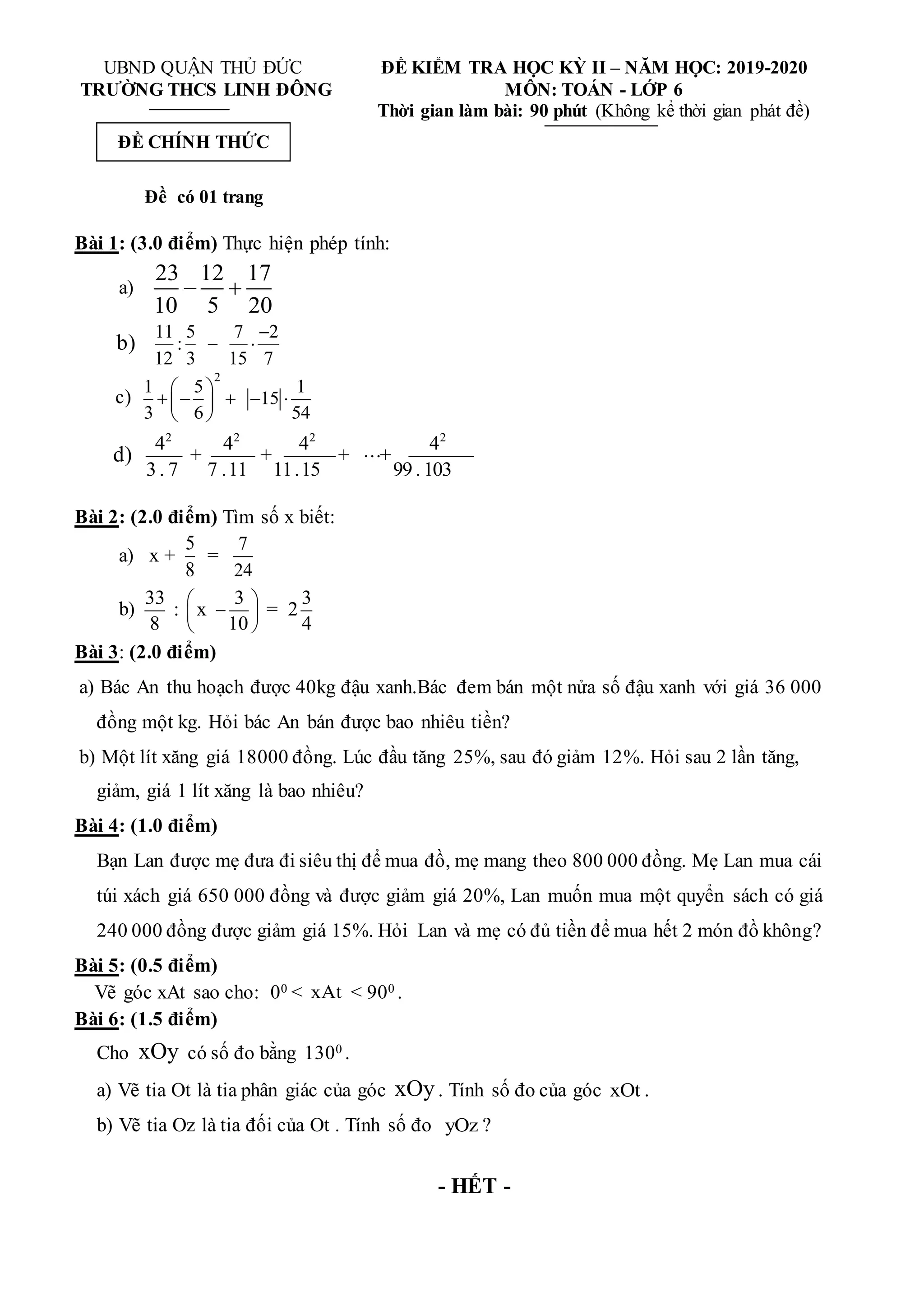 Đề Thi HK2 Toán 6 - THCS Linh Đông | PDF