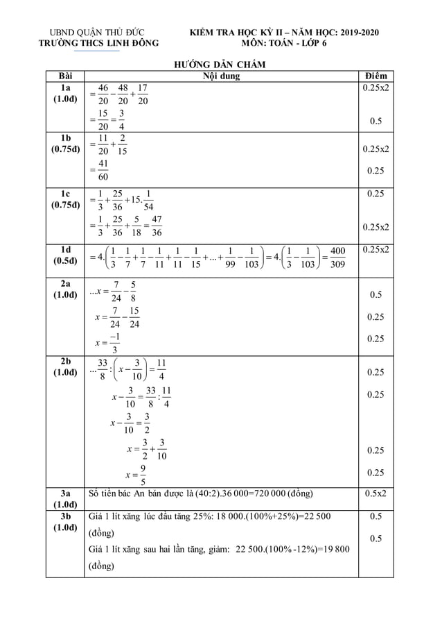 Đề Thi HK2 Toán 6 - THCS Linh Đông | PDF