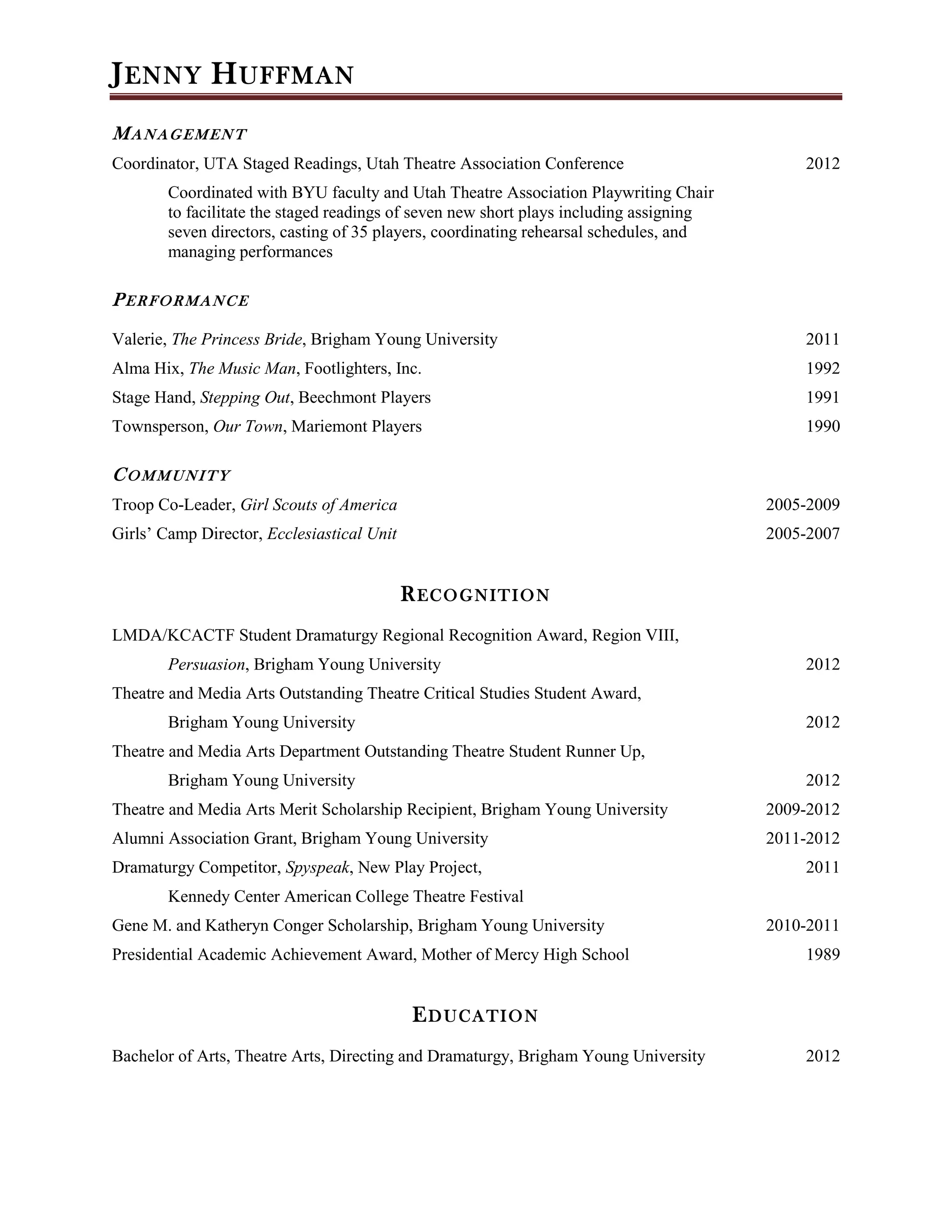 Jenny Huffman - CV 2012 | PDF | Awards Shows | Events