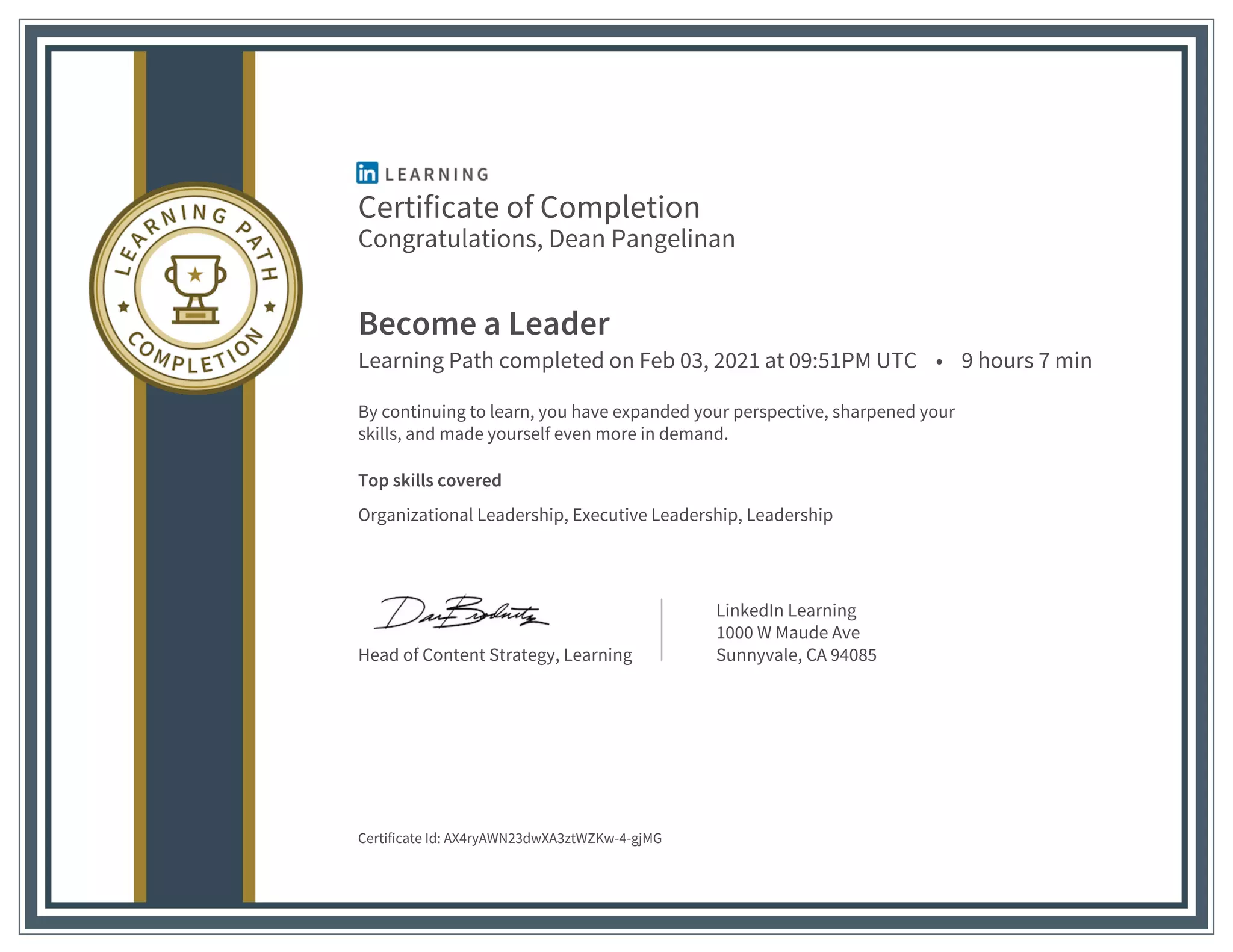 LinkedIn Learning Path Certificate of Completion - "Become a Leader" | PDF