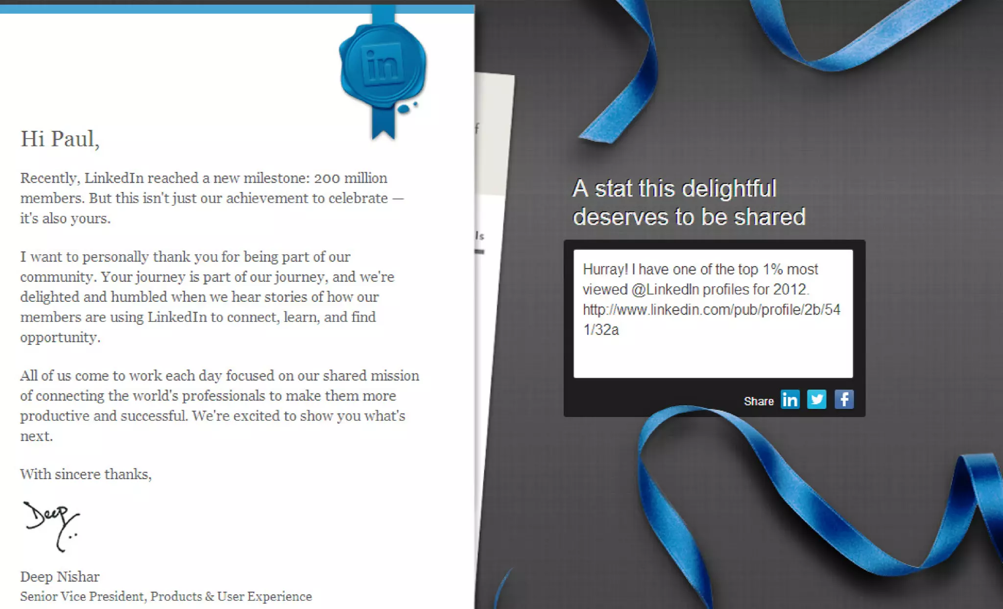Linkedin letter for one percent most viewed profile in 2012 | PDF