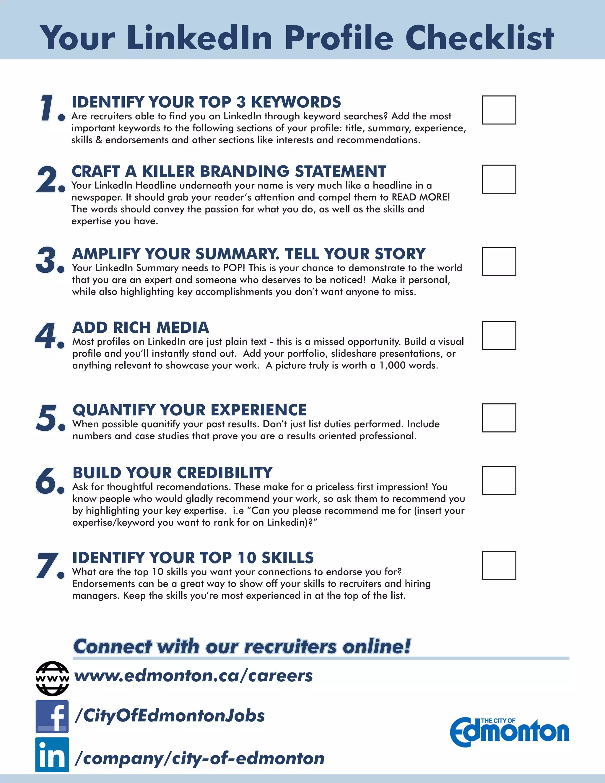LinkedIn Profile Checklist That Will Get You Hired While You Sleep! | PDF