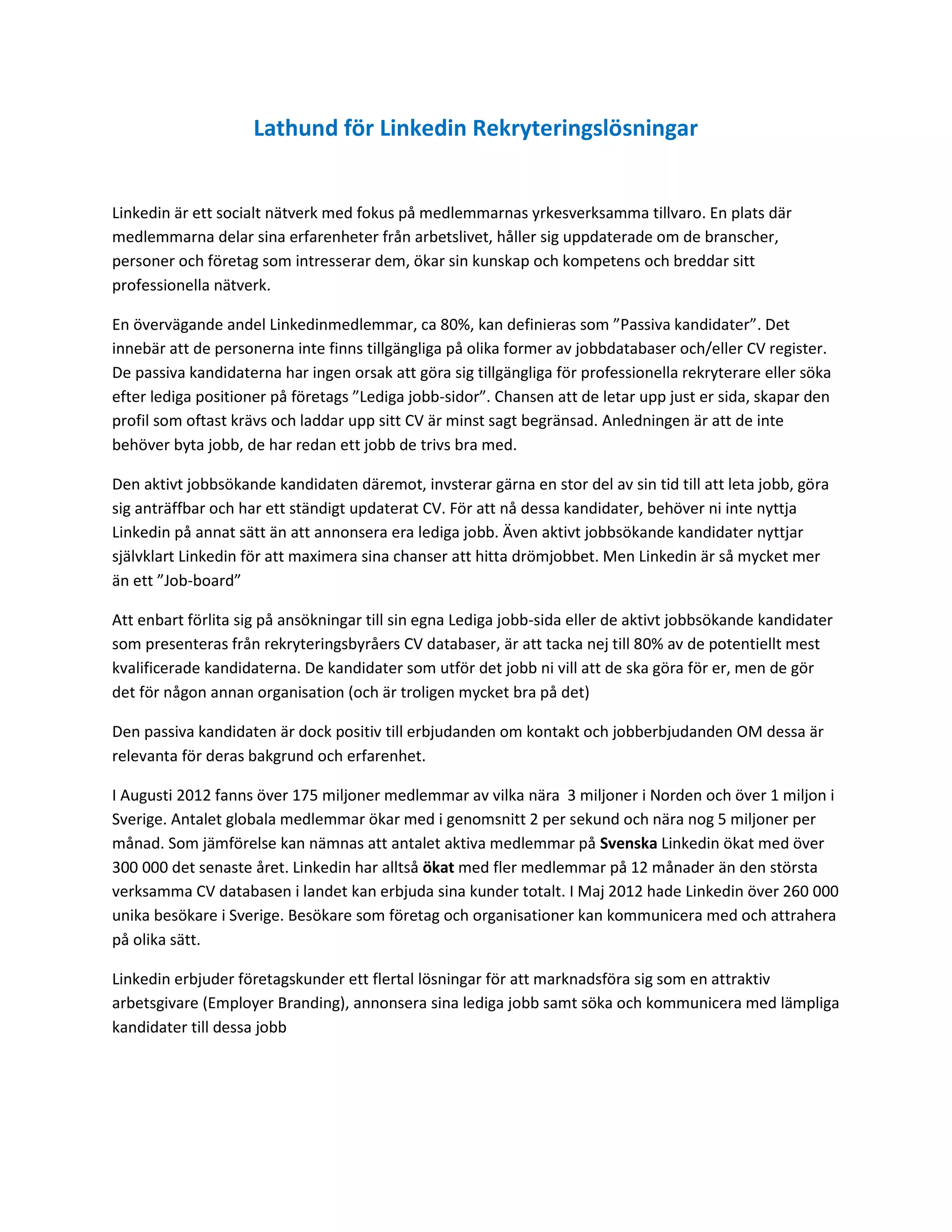 Linkedin rekryteringslösningar lathund october2012 | PDF