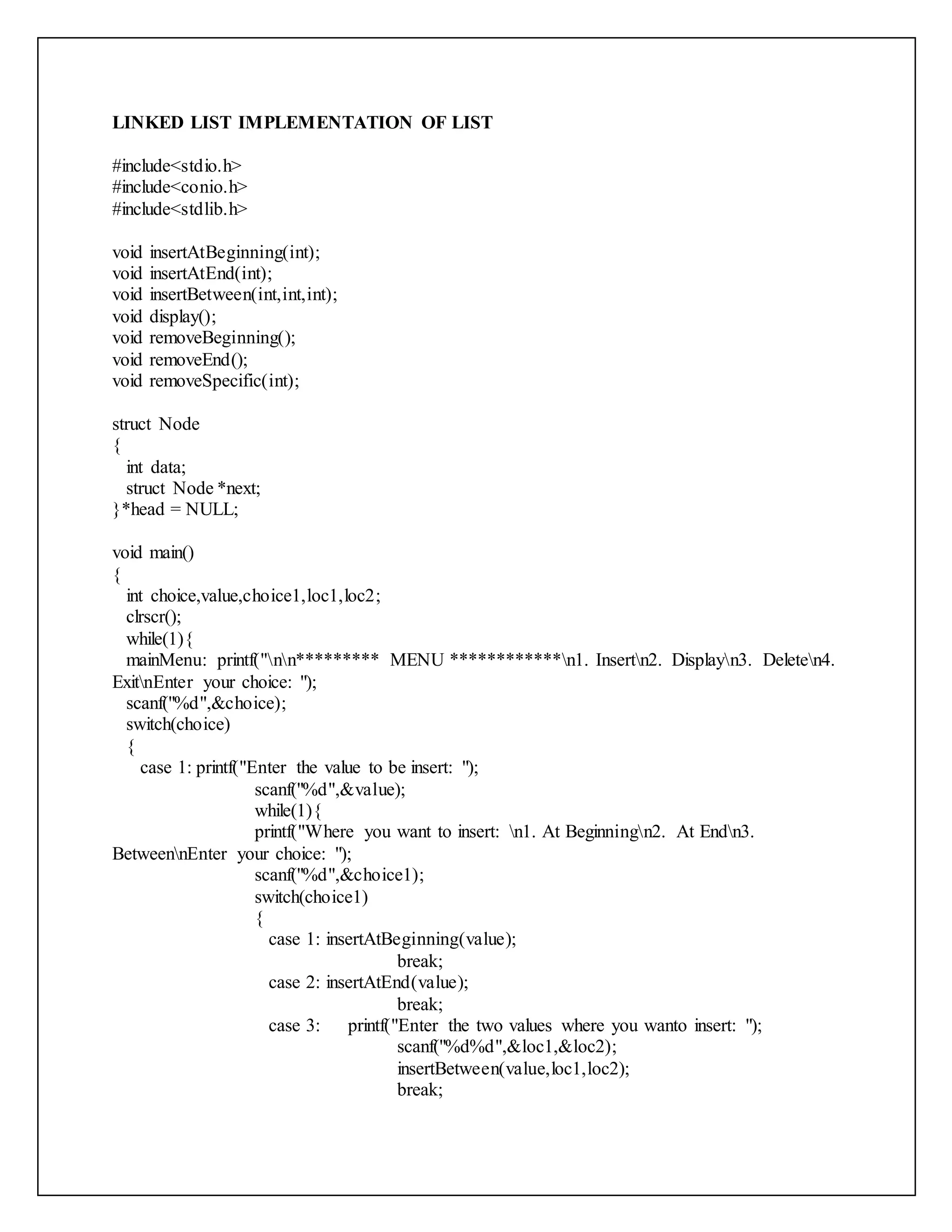Linked list imp of list | DOCX | Programming Languages | Computing