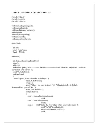 Linked list imp of list | DOCX | Programming Languages | Computing