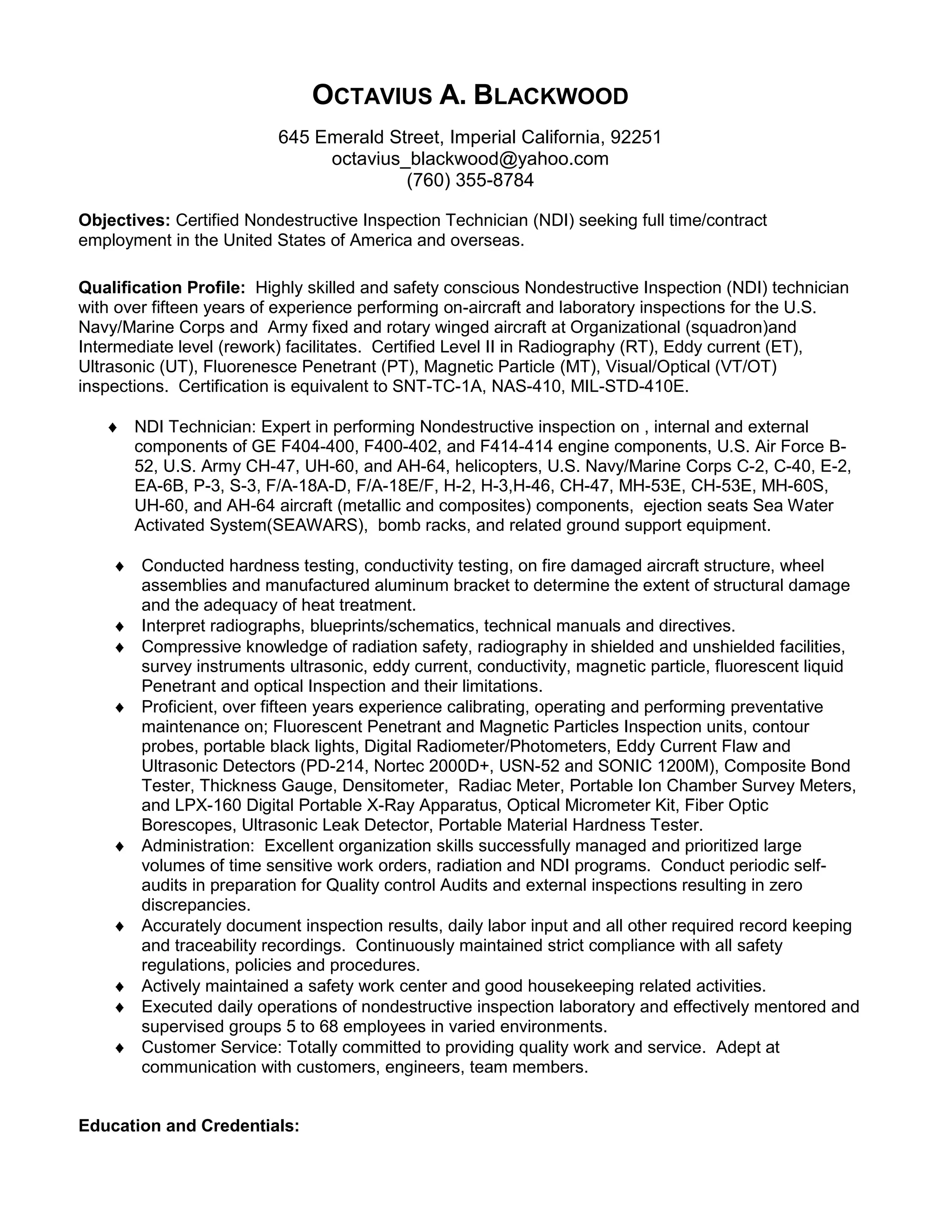 NDI Technician Resume | DOCX