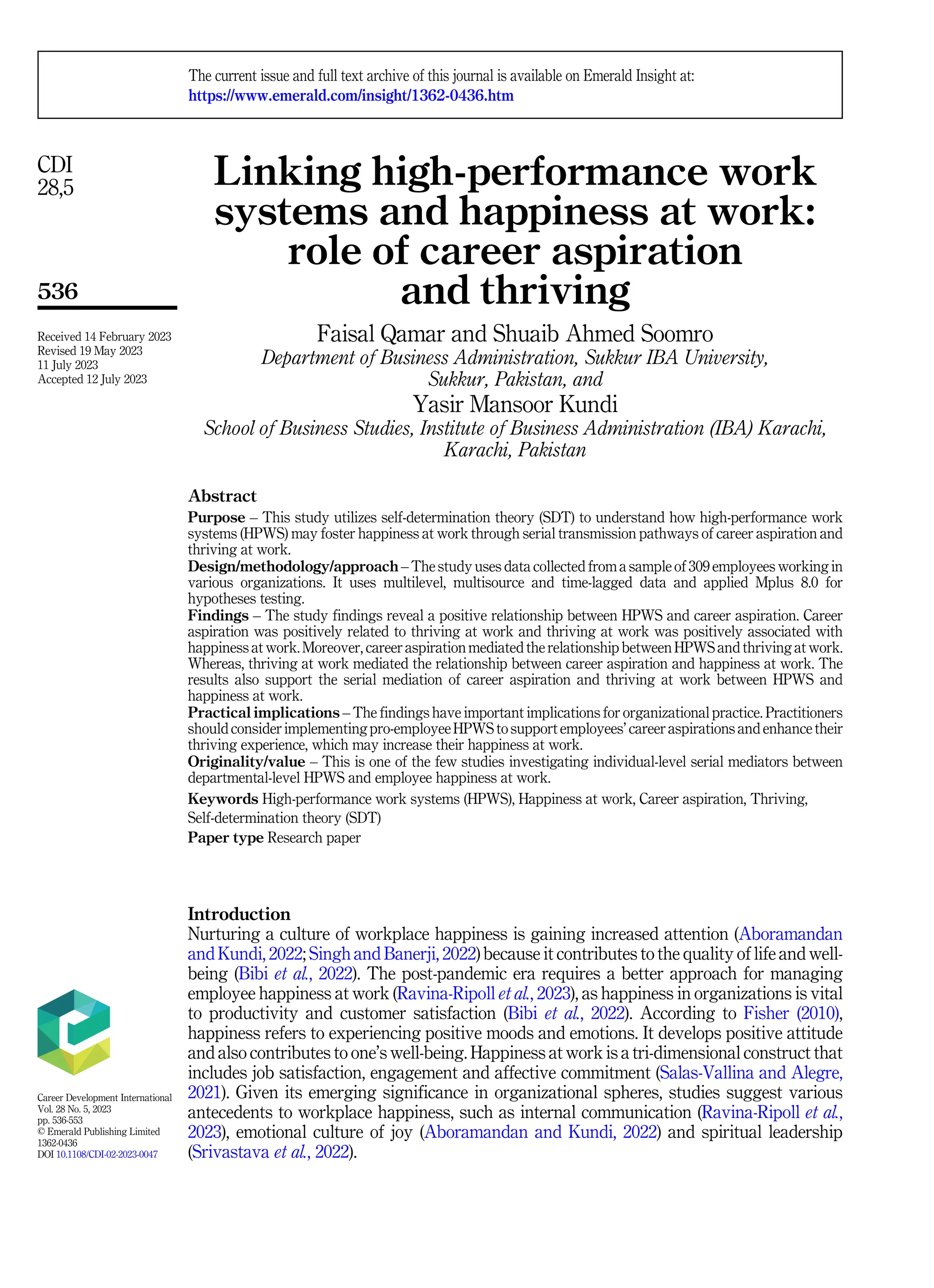 Linking high-performance work systems and happiness at work role of ...