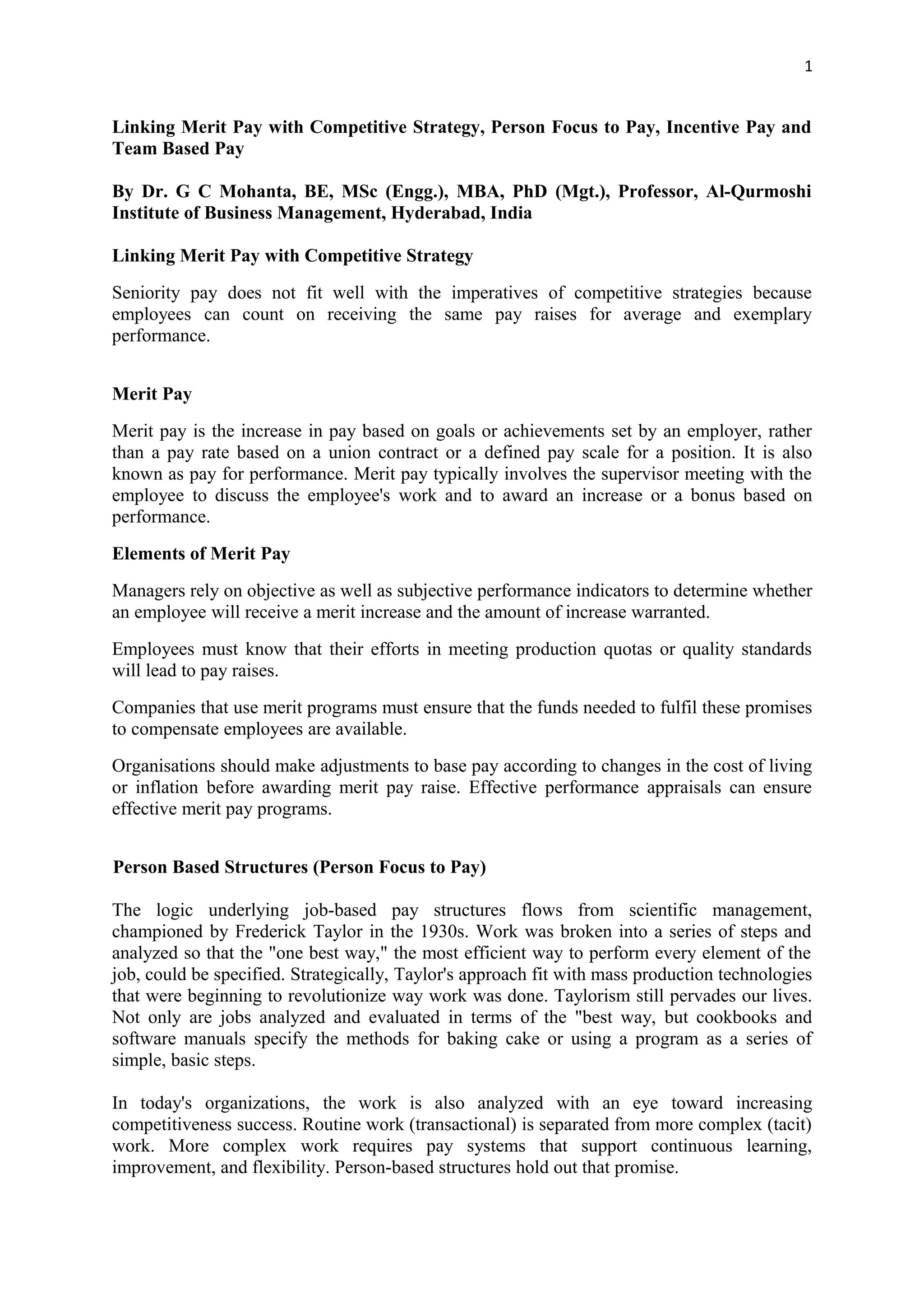 Linking merit pay with competitive strategy, Person focus to pay ...