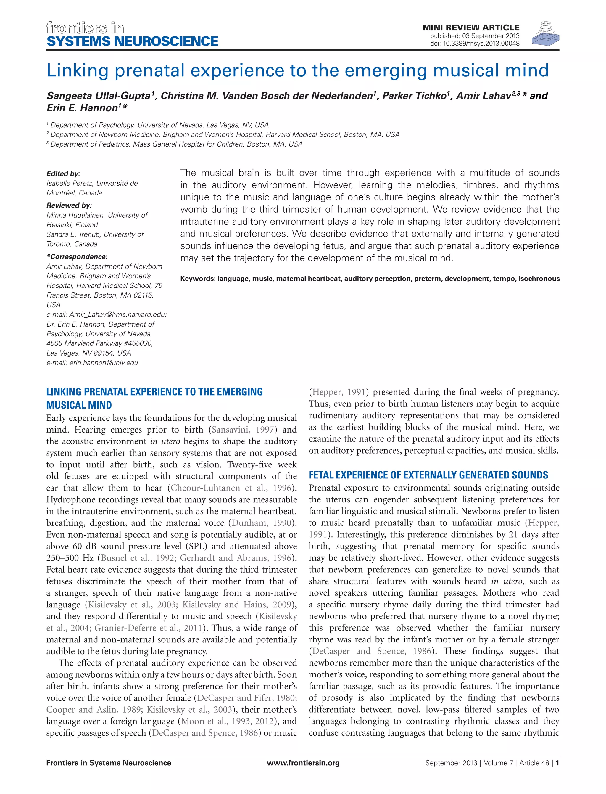 Linking prenatal experience to the emerging musical mind | PDF